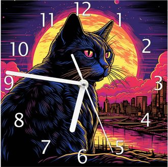 Wallario Design-Wanduhr Katze unter Vollmond aus Glas, Motiv-Uhr Größe 20 x 20 cm, weiße Zeiger