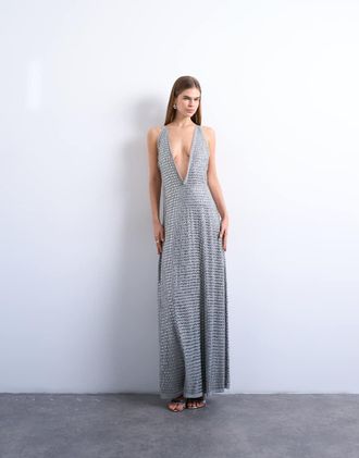 Topshop Maxikleid in Silber mit Hotfix-Strass und tiefem V-Ausschnitt