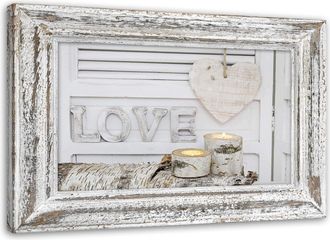 Feeby Bild auf Vlies Leinwand Holz Illusion Rahmen 90x60 cm Kunstdruck Modern Wandbilder Deko Flur Wohnzimmer Shabby Chic Liebe Inschrift Beige