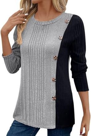 Generic Sweat-shirt pour femme - &Eacute;l&eacute;gant bloc de couleurs - Pull long - Automne - Hiver - Manches longues - Col rond - Loisirs - T-shirt avec bouton - Tunique