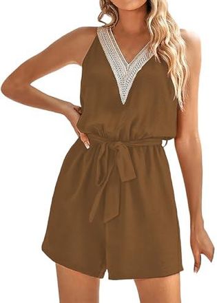 Generic Combinaison d&eacute;contract&eacute;e pour femme - Short en dentelle - Combinaison d&eacute;t&eacute; &agrave; bretelles spaghetti - Combinaison tendance &agrave; jambes larges - Combinaison 