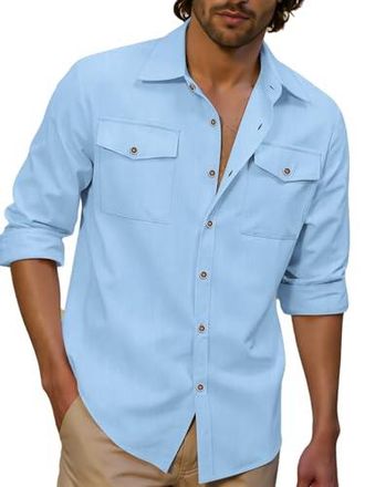 Generic Chemise de plage boutonn&eacute;e &agrave; manches longues en lin avec poches pour homme, bleu clair, XXL