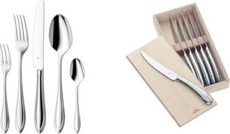 WMF Verona Besteck Set 12 Personen, 60-teilig, Monobloc-Messer & Steakmesser Set 6-teilig, Pizzamesser, Cromargan Edelstahl poliert, Wellenschliff, sp&uuml;lma
