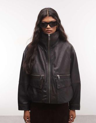 AllSaints Elisa Lederjacke mit Stehkragen und Rei&szlig;verschluss in Schwarz/Braun