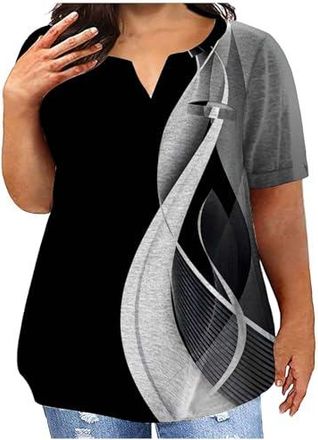 Generic T-shirt &agrave; col en V pour femme, grande taille, tunique d&eacute;t&eacute; &agrave; manches courtes, style d&eacute;contract&eacute;, uni, coupe ample, Z03-noir, XXL