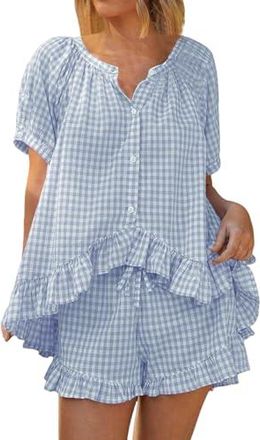Generic Ensemble de pyjama 2 pièces à carreaux pour femme en coton bouffant, chemise à volants et pantalon vichy, bleu, XXL