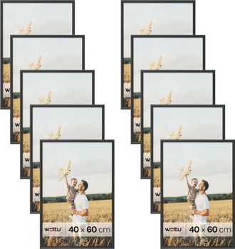 Woltu Bilderrahmen 40x60, 10er Set, Fotorahmen aus Massivholz und PS-Platte, Holzrahmen mit Passepartout, zum vertikalen oder horizontalen Aufh&auml;ngen/Aufstel