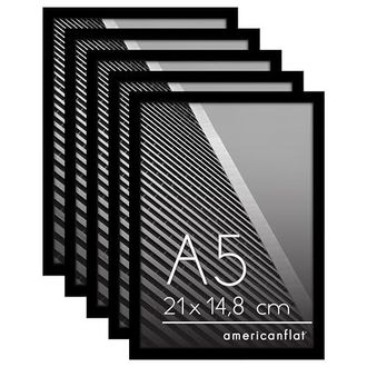 Americanflat Din A5 Bilderrahmen Set aus Kunststoff (5er Pack) - schmaler Fotorahmen mit bruchsicherer Scheibe - inklusive Ständer und integrierter Aufhängung für 