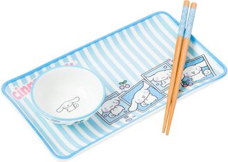 Silver Buffalo Sanrio Hello Kitty and Friends Cinnamoroll Polaroids Keramik-Sushi-Set mit blau-weißen Streifen, mit Dip-Soßenschale und passenden Essstäbchen