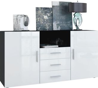Vladon Sideboard Skadu, Kommode mit 2 Türen, 3 Schubladen und 1 offenem Fach, Schwarz matt/Weiß Hochglanz (138,5 x 71,5 x 35 cm)