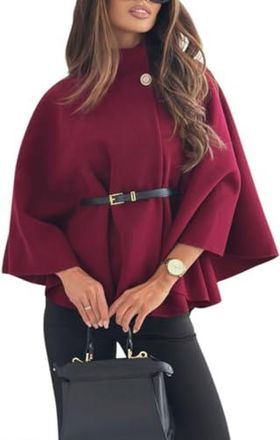 Minetom Poncho Femme Cape El&eacute;gante Automne Hiver Ch&acirc;le Couleur Unie Bouton Manteau avec Ceinture A Bordeaux XXL