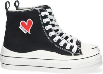 Shoes & Blues Chaussure Abotinée pour Femme, Comoda Détail de Coeur Brodé Matériel de Toile et Fermeture à Lacets, Noir, 37 EU