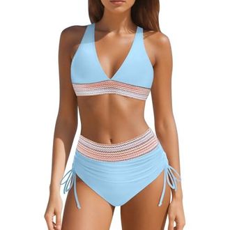 Generic Maillot De Bain Femme 2 Pieces Bikini Femme 2 Pieces Bikini Color Block + Bas Taille Haute Ajustable - Look Mode Plage