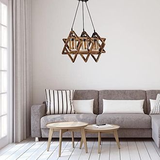 Opviq Rustic Wooden Chandelier with Metal Frame & Glass Cap, Adjustable Height 43x43x57 cm, Brown | E27 Socket, Max 40W | Perfect for Southwestern & Country