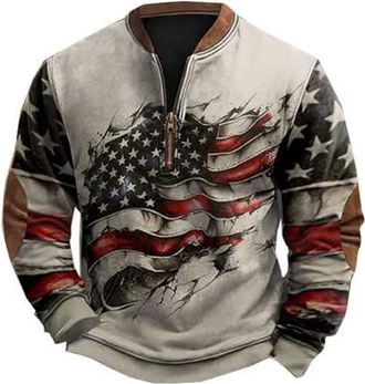 Generic Sweats à capuche pour homme - Décontracté - Mode ample - Imprimé drapeau américain en 3D - Col zippé - Manches longues - Pull dhiver - Coupe ajustée, 