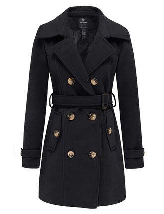 Wantdo Damen Winterdicke Jacken Warme Winddicht Jacke Wollmischung Erbsenm&auml;ntel Zweireihige Mittellange M&auml;ntel Slim Fit Cabanjacke mit Schulterklappen Schwar