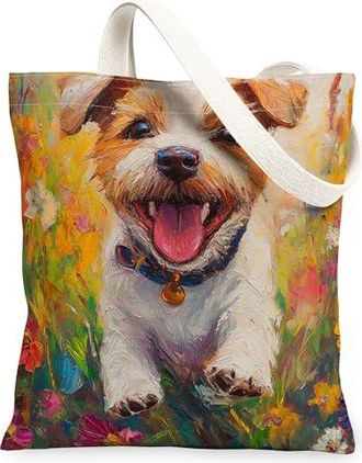Generic Sac fourre-tout en toile motif chien russell terrier printanier 33 x 38,1 cm, motif fleurs color&eacute;es, sac d&eacute;picerie r&eacute;utilisable pour femme, peinture d