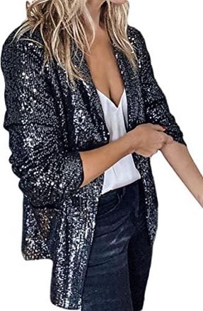 Onsoyours Femme Bol&eacute;ro Paillette Brillante Blazer Cardigan Soir&eacute;e Cocktail C&eacute;r&eacute;monie F&ecirc;te Danse Bal Haut Sequins Manche Longue Clubwear A Noir XL