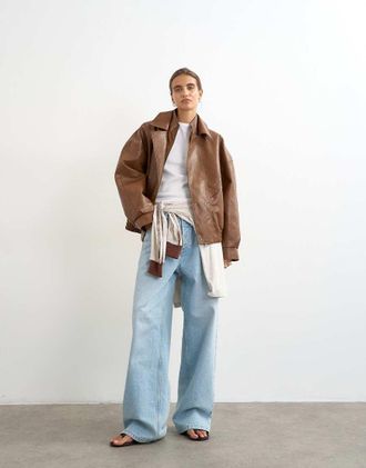 Topshop bomber en imitation cuir avec d&eacute;tails de coutures, camel-Marron