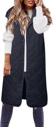 Generico Gilet long rembourré pour femme, doudoune avec capuche, grande taille, manteau long, élégant, décontracté, classique, Noir, XXL