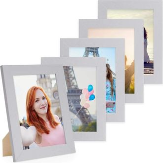 Photolini Bilderrahmen 10x15 cm Silber MDF-Holz, breite Rahmen, 5er Set, modern, bruchsicheres Acrylglas, zum Aufhängen & Aufstellen, extra Zubehör - für Ihre s