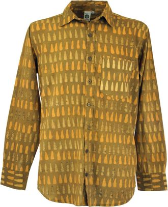 Guru Shop Freizeithemd, Goa Boho Hemd, Langarm Herrenhemd mit Afrikanischem Druck - Curry, Baumwolle, Size:S