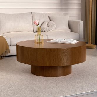 Generic Runder Couchtisch in Trommelform, rustikal-moderner runder Beistelltisch aus Holz mit Sockel f&uuml;r Wohnzimmer, Wohnung, B&uuml;ro, kleine R&auml;ume,K80