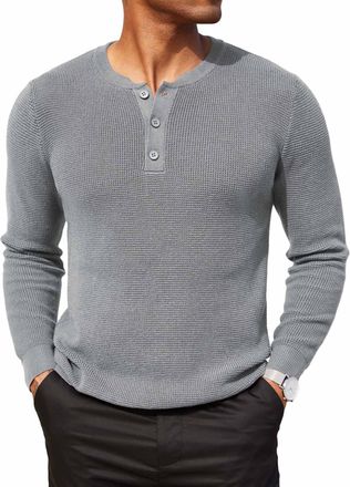 Coofandy Herren Henley Pullover Strickpullover Winterpullover mit Kn&ouml;pfe Sweater Grobstrickpullover Waffel Pulli Hellgrau XL