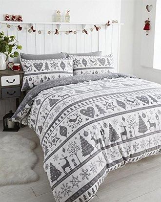 Portfolio Home No&euml;l Parure de lit avec Housse de Couette 2 taies doreiller Parure de lit Motif Arbres de No&euml;l, Gris, King