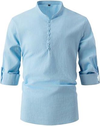 Generic Chemise &agrave; demi-boutons pour homme, chemise en coton et lin, chemises minimalistes de couleurs unies, chemises respirantes et polyvalentes, confortable