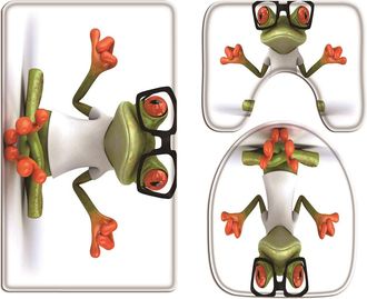 A.Monamour Badezimmer Badematte 3 Teilig Set Zen Frosch Mit Einem Weißen T-Shirt, Das Sonnenbrillen Trägt Tier Flanell WC Toilette Deckel Deckt Bad Matte Teppich
