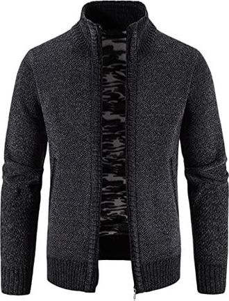 Generic Cardigan en tricot doublé en polaire pour homme avec fermeture éclair intégrale - Manches longues - Couleur unie - Coupe ajustée - Automne et hiver - 