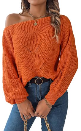Feoya FOEYA Damen Schrägkragen Off Shoulder Pulli One Shoulder Lässiger Einfarbiger Strickpullover Langarm Persönlichkeit Herbst Winter Langarm Oberteile S