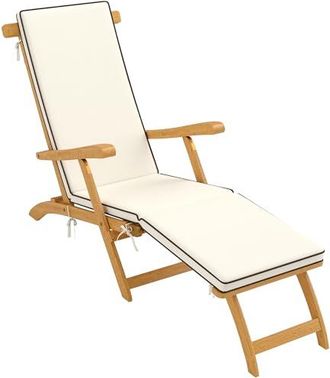 OUTSUNNY Chaise Longue Pliante, Bain de Soleil avec Coussin en Bois dacacia, Repose-Pieds, transat Jardin ext&eacute;rieur Charge 160 kg de Relax Camping Plage terras