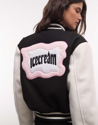 Icecream Cropped-Collegejacke mit Cones-&-Bones-Print in Schwarz/Wei&szlig;-Multi