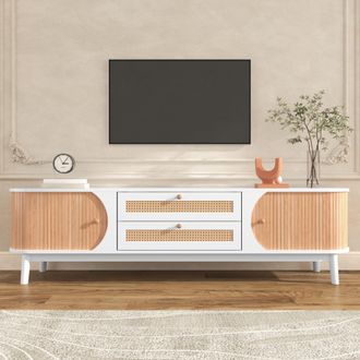 Generic TV Schrank Holz Mit Rattanfront Und Massivholz T&uuml;ren Nat&uuml;rliches Design Lowboard Stehend Mit Schubladen Und F&auml;chern F&uuml;r Stauraum Fernsehtisch Stabil F