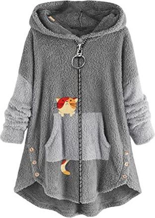 ORANDESIGNE Sweat &agrave; Capuche Femme Chat Pull Polaire Chaude Grande Taille Long Hoodie Sweatshirt Veste Chic Hiver Fourrure Sweat-Shirt Jacket Ample Chandail Pullov