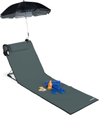 Relaxdays Strandmatte, gepolsterte Strandliege XXL m. Sonnenschirm, 3-stufig verstellbar, Kopfkissen, tragbar, anthrazit