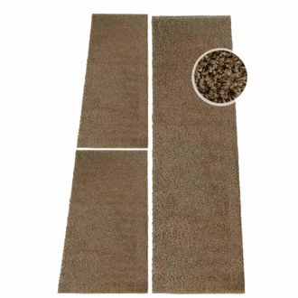 Carpet City Bettumrandung Shaggy Hochflor Einfarbig Mocca - 3-teiliges Teppich-L&auml;ufer-Set - Schlafzimmer-Teppiche