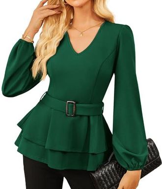 Grace Karin Chemisier p&eacute;plum &agrave; manches longues et col en V pour femme - Coupe ajust&eacute;e - &Eacute;l&eacute;gant ourlet &agrave; deux couches, Vert, M