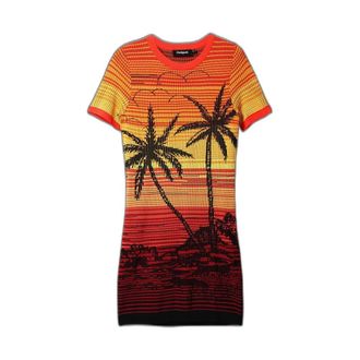 Desigual Femme, Robes, Rouge, Taille: 36 FR Palm Tree Knit Dress Sunset Style