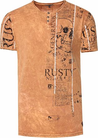 Rusty Neal T-Shirt Herren S - 3XL Kurzarm Rundhals Henley-Knopfleiste Seitliche Front Prints Tshirt Verwaschen 294, Farbe:Camel, Gr&ouml;&szlig;e S-3XL:3XL