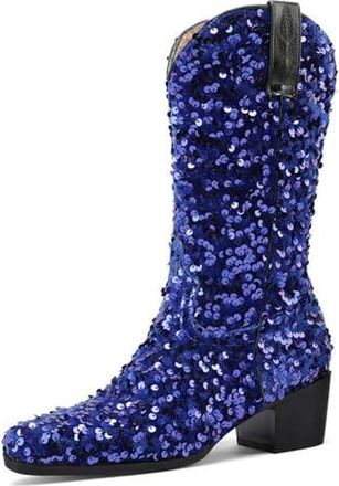 Generic Bleu,41 EU,Bottes Hautes à Paillettes en métal pour Femmes, Talons épais, Bottes Hautes, Bottes Longues à Enfiler, Bottes Larges à Mollet, Chaussures 