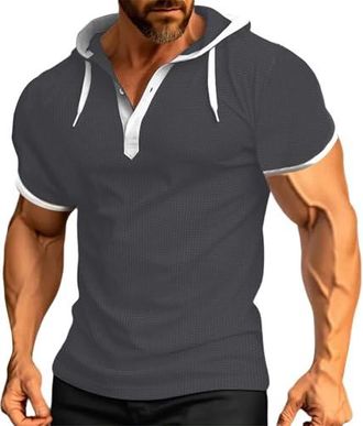 Generic T-shirt de sport d&eacute;t&eacute; pour homme - Sweat &agrave; capuche sans manches - Respirant - Sweat dext&eacute;rieur - Boutonni&egrave;re - Chemise de course slim Henley - Grandes