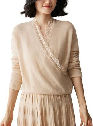 Dissa Pull Cachemire Femme Col V Uni Tricot&eacute; en Vrac Manches Longues Fin Pull en Cachemire et Laine,Beige,EU 38,MY2575