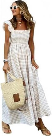 Generic Robe maxi &agrave; carreaux pour femme, robe maxi &agrave; manches longues et col rond, ample, unie, d&eacute;contract&eacute;e, avec poches, beige, M