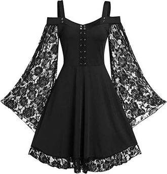 Feoya Robe Vintage Victorienne Dentelle Corset Steampunk Bustier Robe Medieval Gothique Manches Longues Costume Déguisements Halloween Carnaval Style A Noir