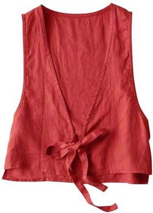 Generic Gilet en coton et lin pour femme - D&eacute;contract&eacute; - Sans manches - Avec noeud sur le devant, Rouge, XXL