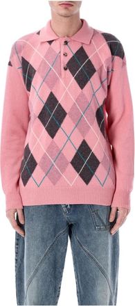 J.W.Anderson Homme, Tops, Rose, Taille: S Haut Polo Tricot&eacute; &agrave; Motif Losanges