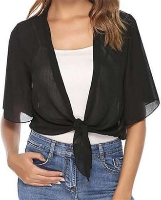 Generic Boléro dété court pour femme, cardigan en mousseline de soie à nouer sur le devant pour robes de soirée, Noir, XXL